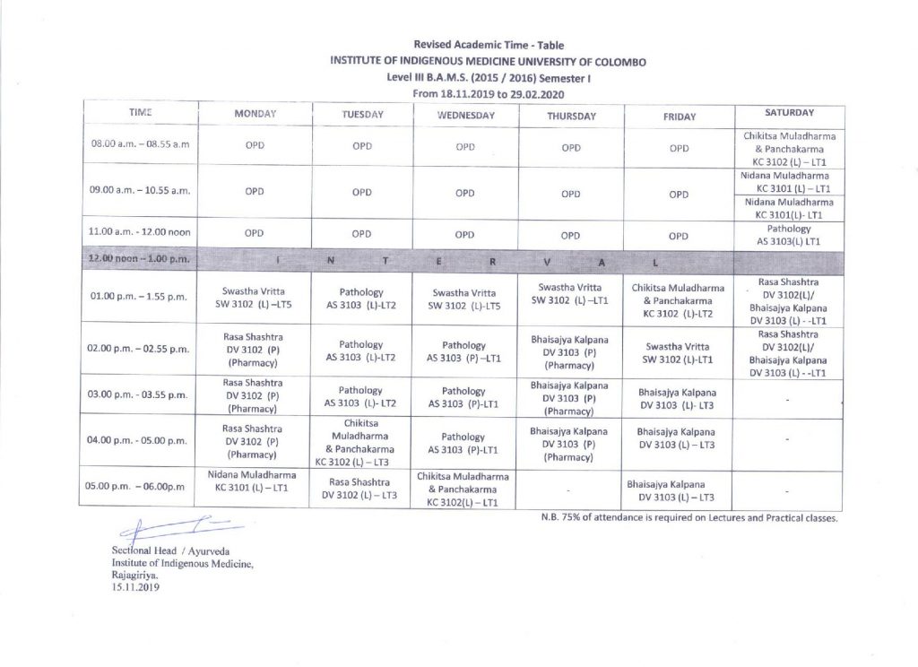 Revised Academic Time Table Level III B.A.M.S (2015/2016) Semester I ...
