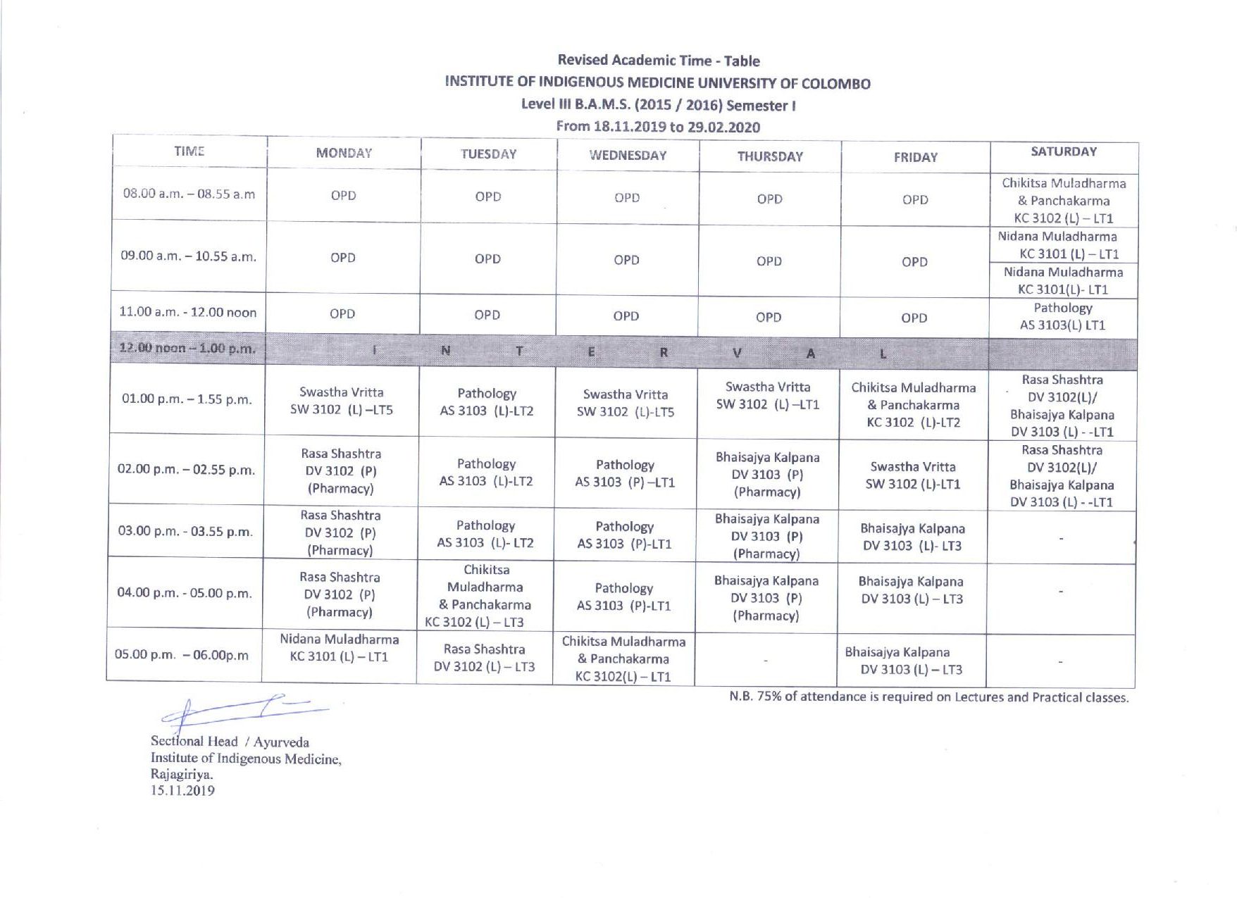 Revised Academic Time Table Level III B.A.M.S (2015/2016) Semester I ...