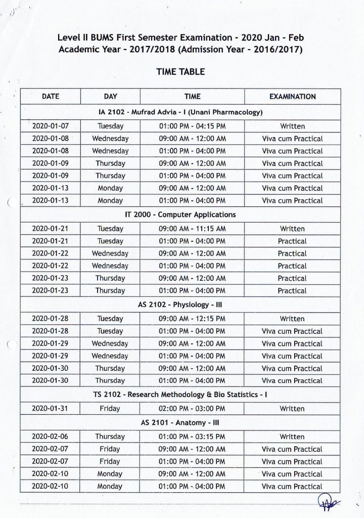 Exam Time Table Level II BUMS First Semester Examination -2020 Jan-Feb ...