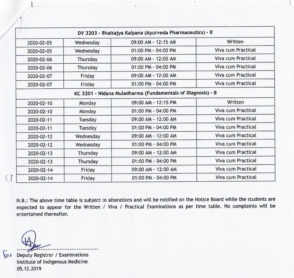 Exam Time Table Level III BAMS Second Semester Examination -2020 Jan ...