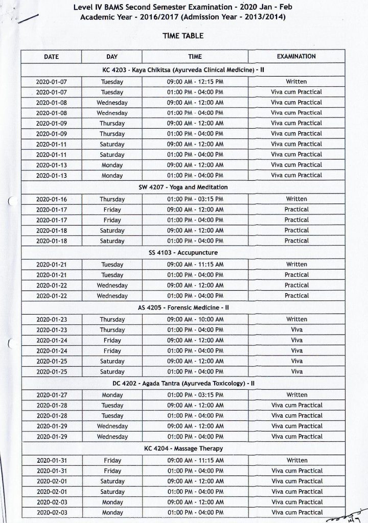 Exam Time Table Level IV BAMS Second Semester Examination -2020 Jan-Feb ...