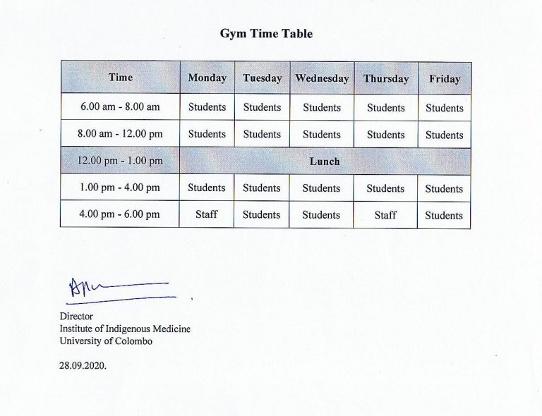 Notice: Gym Time Table | Faculty of Indigenous Medicine