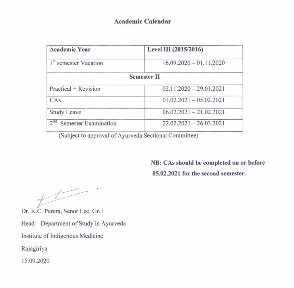 Academic Calendar: Level II, Level III, Level IV & Level V (Second ...