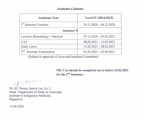 Academic Calendar: Level II, Level III, Level IV & Level V (Second ...