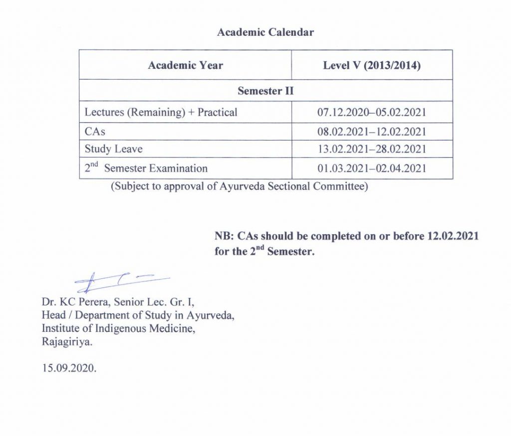 Academic Calendar: Level II, Level III, Level IV & Level V (Second ...