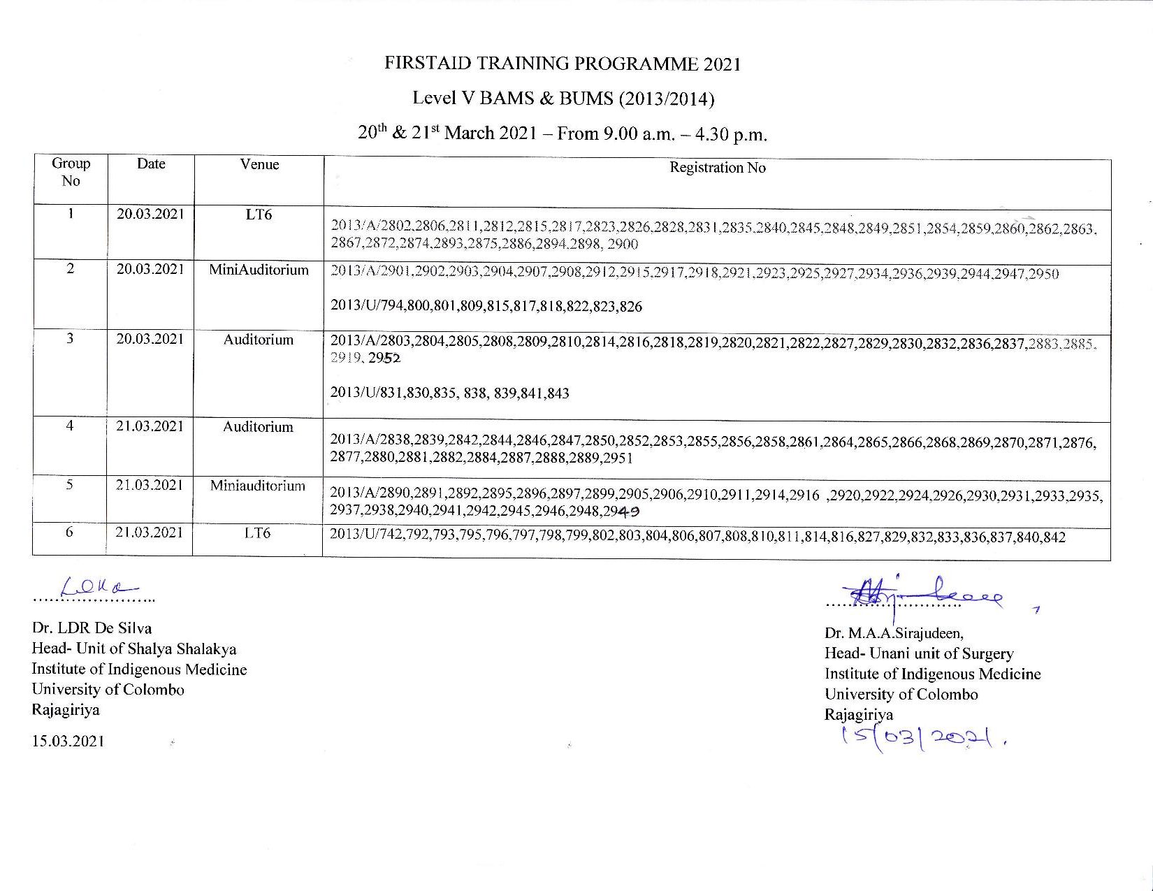 Notice : First aid Training Programme 2021 Level V BAMS & BUMS (2013/ ...