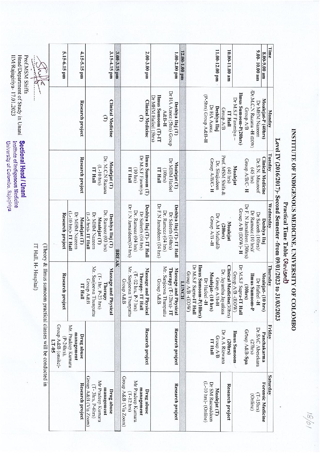 Practical Time Table(Revised)- Level IV BUMS (2016/17) Second Semester ...